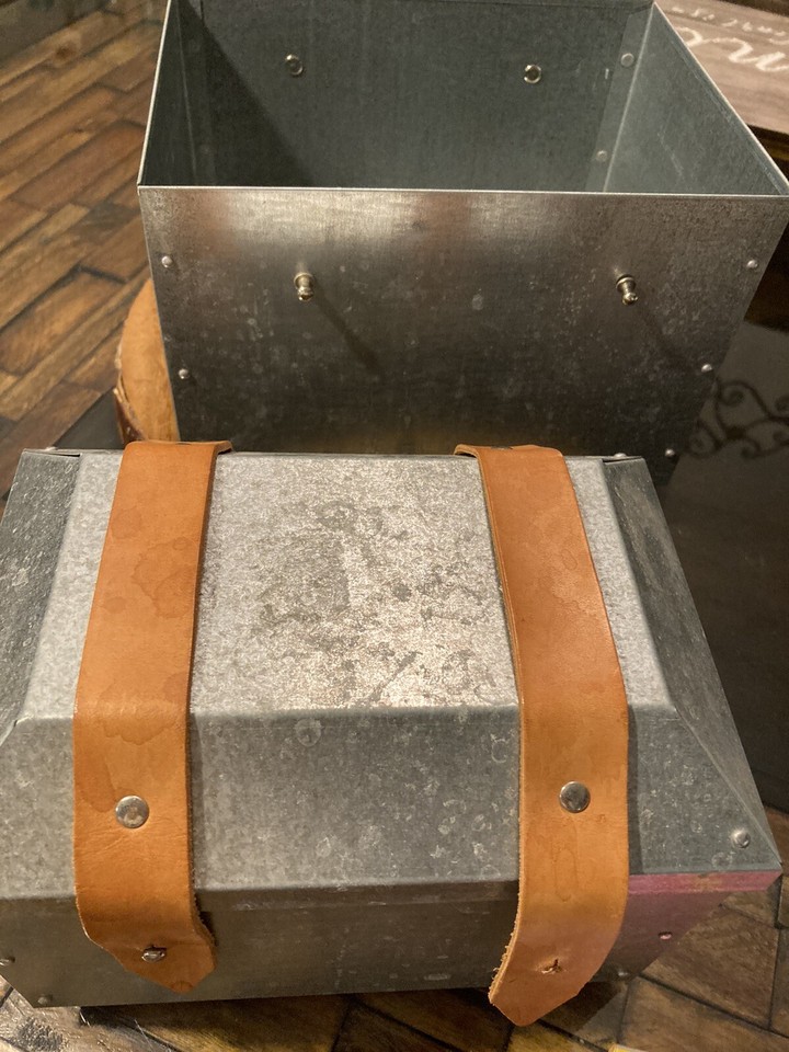 IKEA Metal Trunk Trinket Boxes (2) with Leather Straps Industrial Decor ...