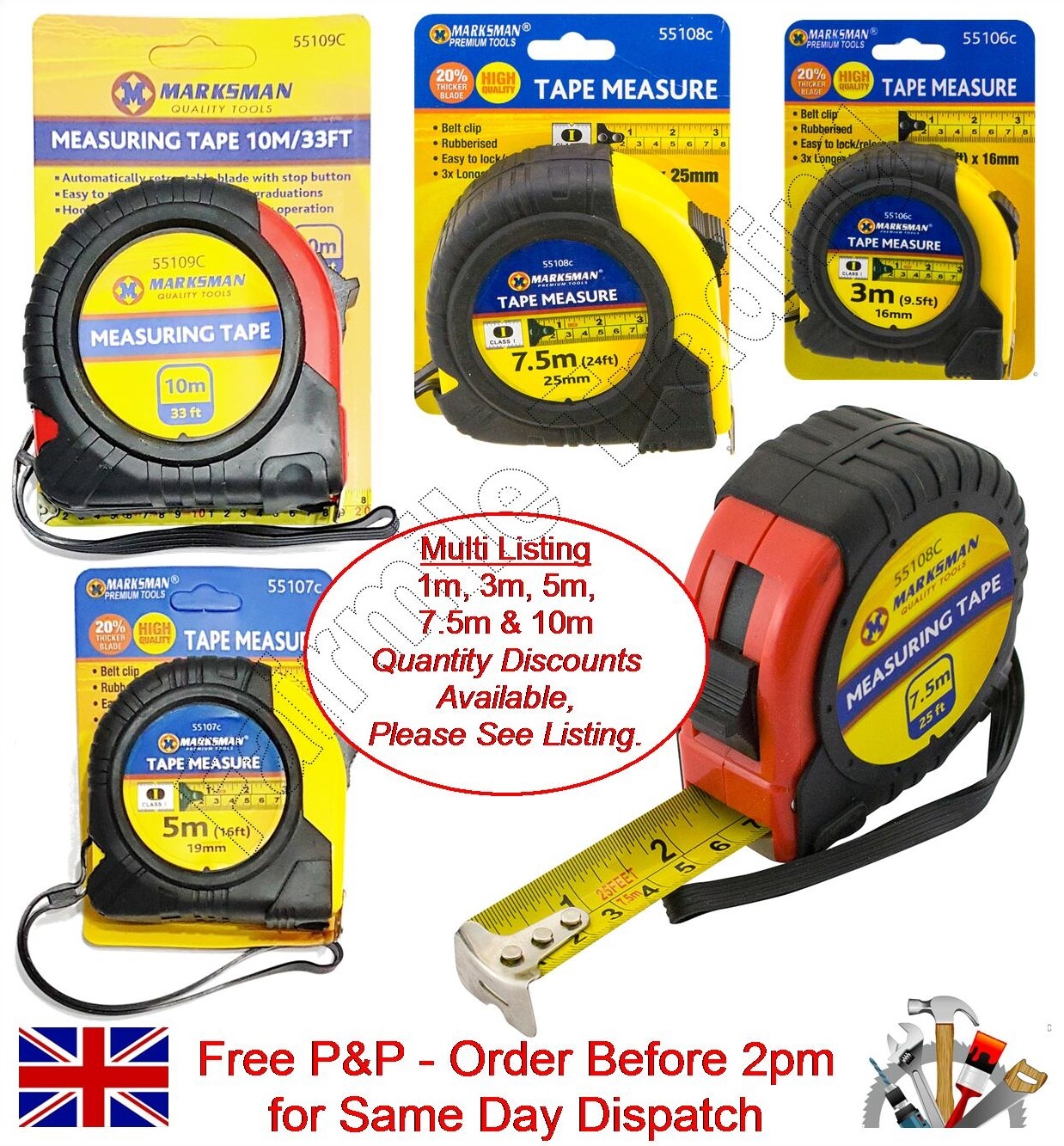 1m 3m 5m 7½m 10m Retractable Tape Measure Metric / Imperial Measuring ...