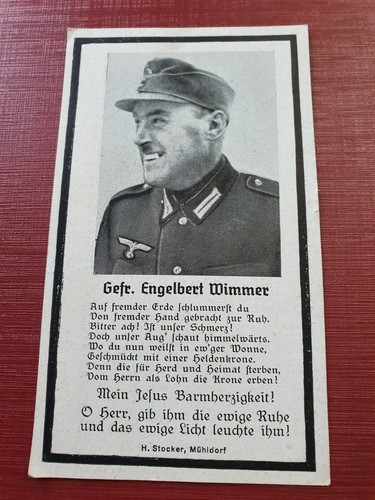 original german ww2 death Card Engelbert Wimmer Ek2 Fell 2 May 1944 ...