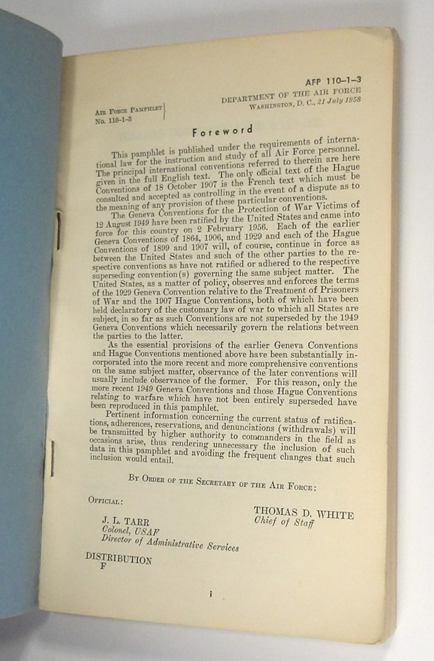 1958 TREATIES GOVERNING LAND WARFARE US Air Force Pamphlet AFP 110-1-3 ...