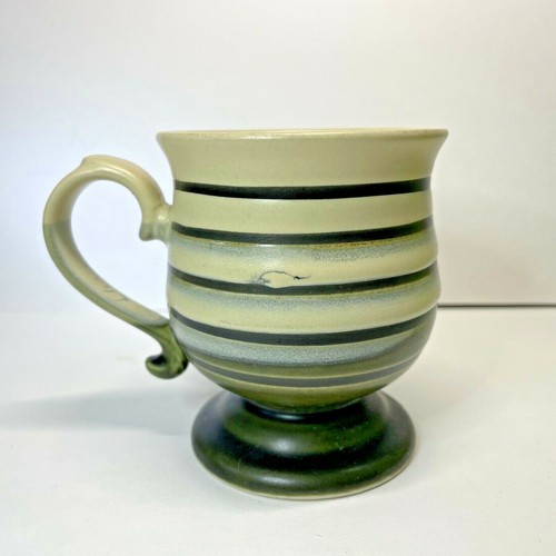 Pedestal Coffee Mug Stoneware Vintage Green Stripe Pottery | eBay