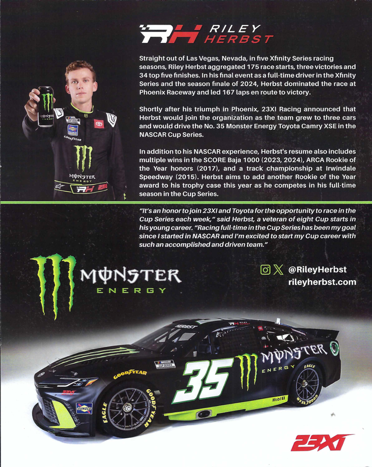 2025 RILEY HERBST "MONSTER ENERGY 23XI" #35 NASCAR CUP SERIES POSTCARD ...