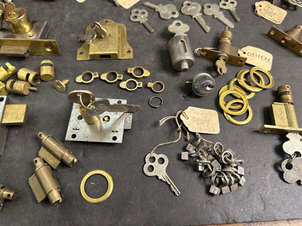 Vintage NOS Locksmith Locks, Keys, Parts, Pins, Cylinders, Desk ...