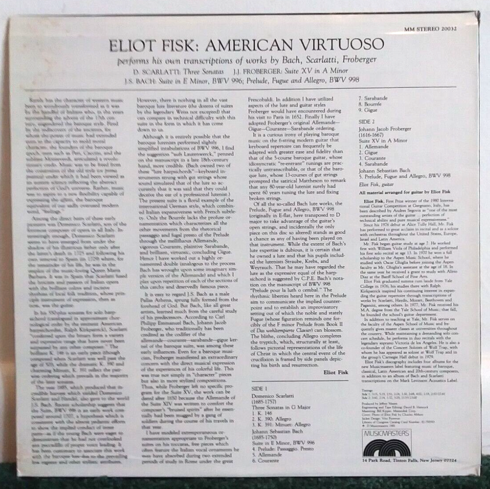 Eliot Fisk – American Virtuoso Vinyl 1981 LP - Classical - Musicmasters ...