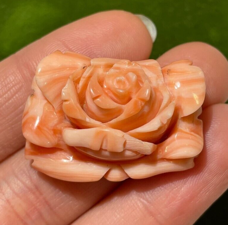 Handmade Natural Carved Angel Skin Pink Coral Rose Flower Carving 11g ...