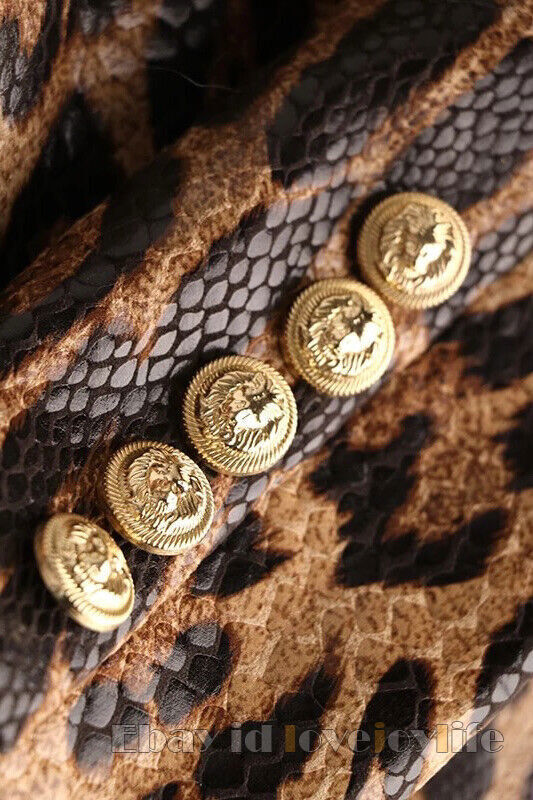 Double Breasted PU Leather Blazer Leopard Print Slim Jacket Gold ...