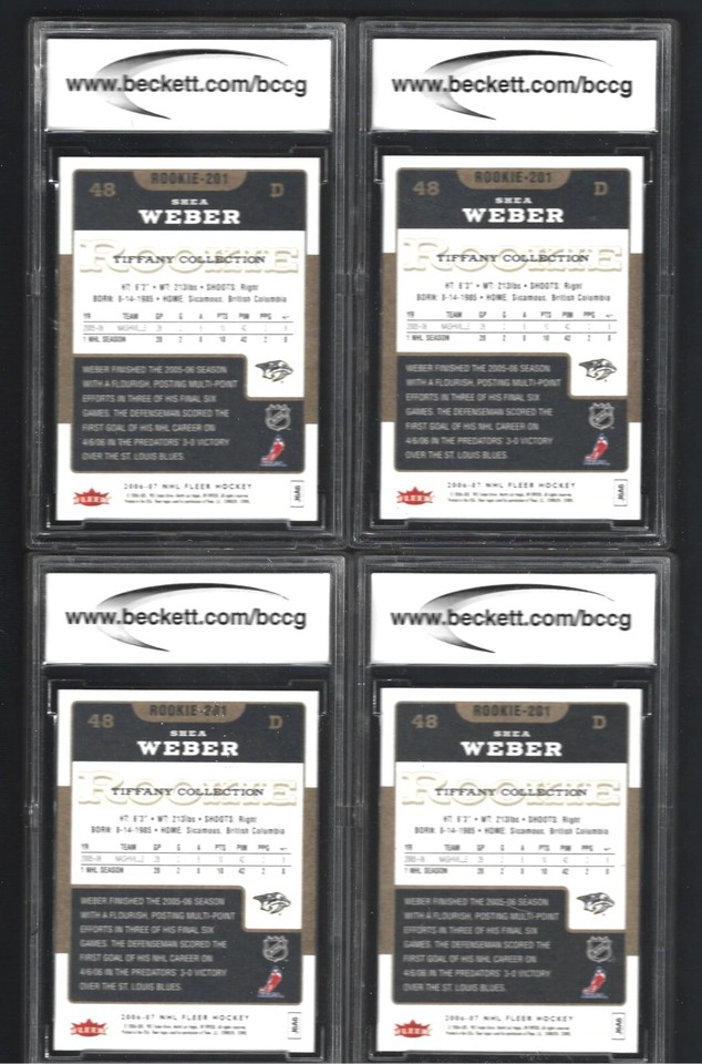 2006-07 SHEA WEBER TIFFANY COLLECTION 4 CARD ROOKIE LOT BCCG 10 MINT+ ...