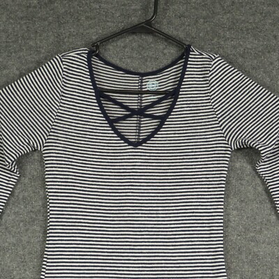 SO Shirt Womens Small White w Blue Stripes Long Sleeve V Neck Pullover ...