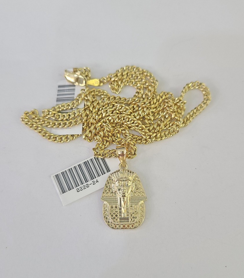 10K Gold Miami Cuban Chain Pharaoh Charm 18"-30" 3mm REAL Pendant | eBay