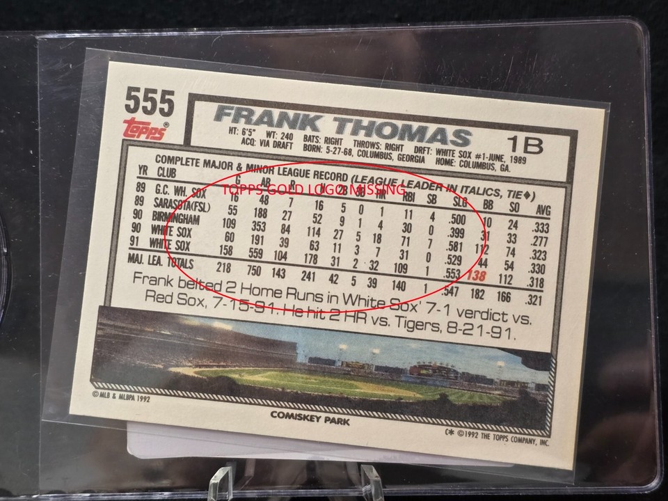 1992 Topps Gold #555 Frank Thomas - RARE ERROR CARD - FACTORY MISPRINT ...