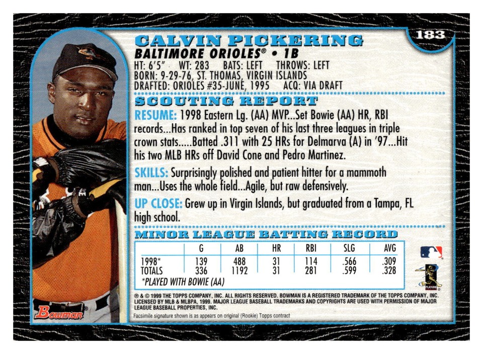 1999 Bowman #183 Calvin Pickering Baltimore Orioles Baseball Card NM | eBay