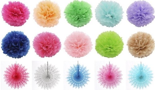 30 x TISSUE PAPER POM POMS & FANS MIX VARIETY multi COLOUR party pack ...