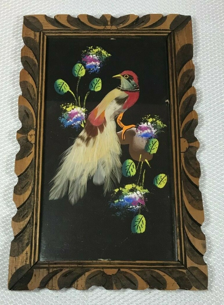 Vintage Mexico Hand Painted Exotic Birds with Feathers Framed Art ...