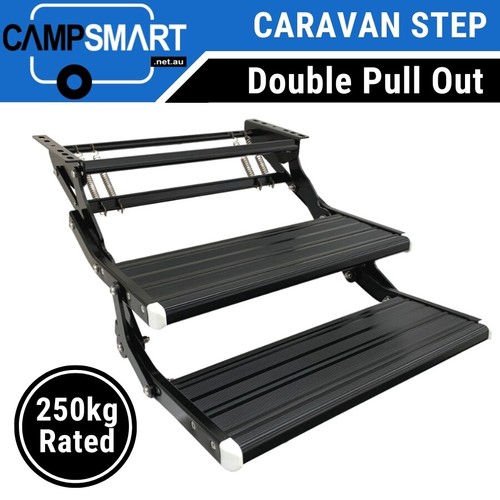 Double Caravan Step Black Pull Out Folding Aluminium Off Road RV Camper ...