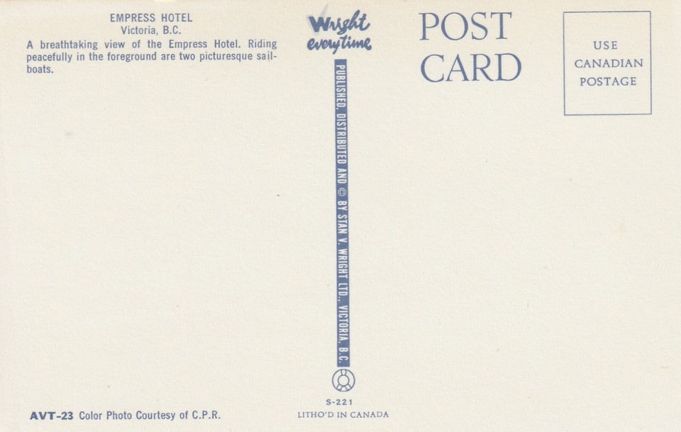 Postcard Express Hotel Sailboats Victoria British Columbia Canada ...
