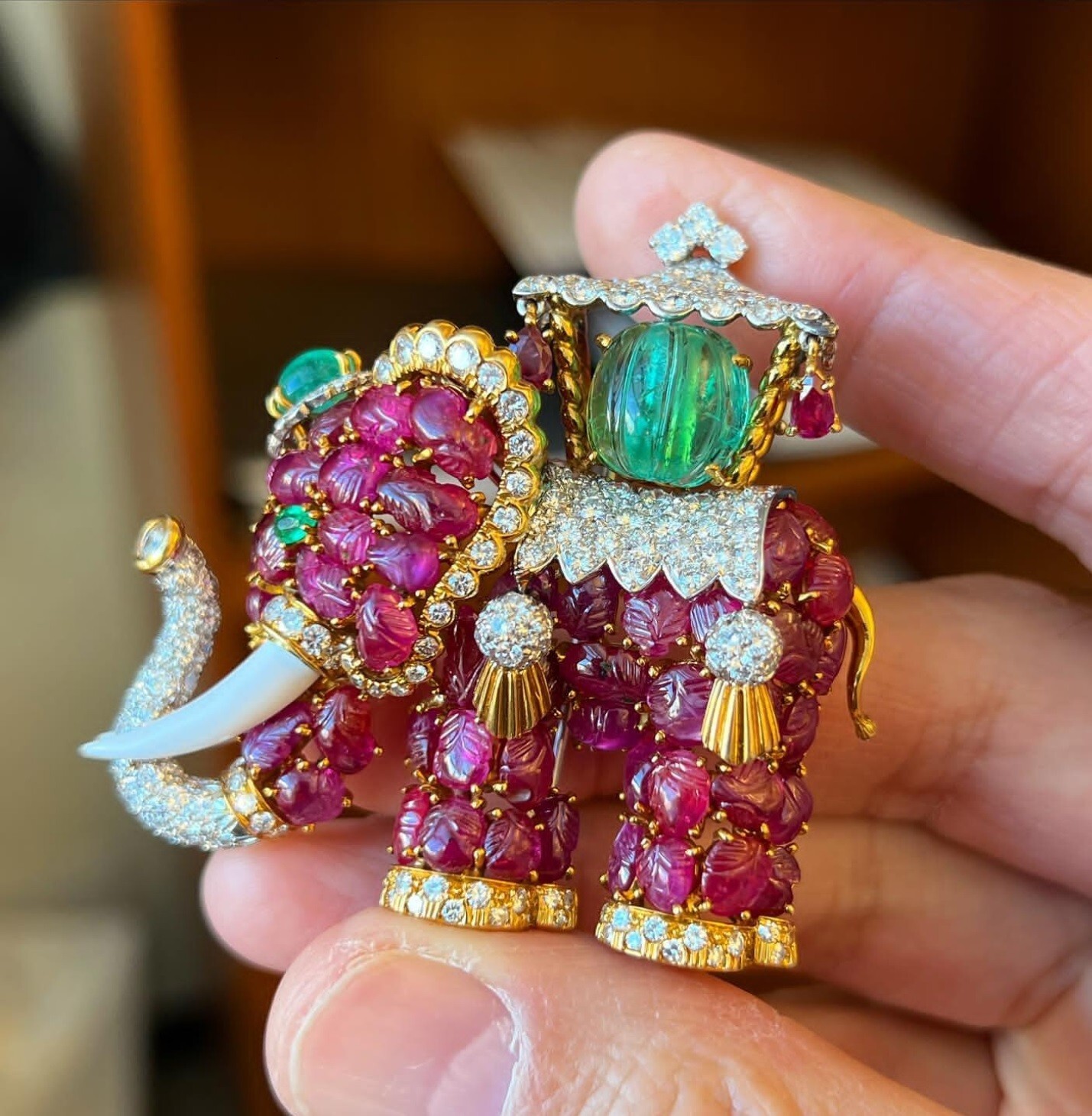 Elephant Ruby Emerald Enamel & CZ Brooch Circa 1965 Constance Barbar Mellon Jewe | eBay