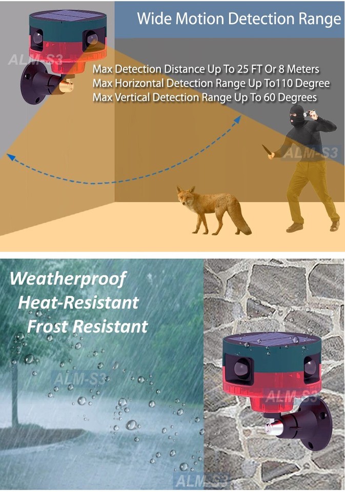 Solar-Powered Motion Activated Alarm Outdoor Indoor Weatherproof Voice ...
