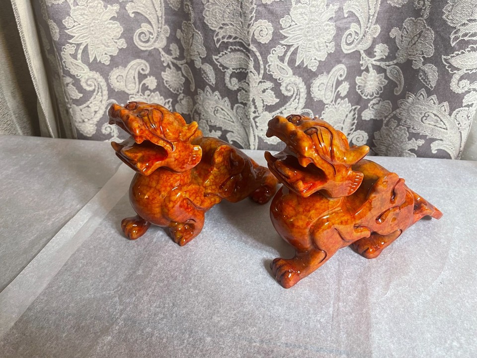 Pair of Chinese Red Pi Xiu Red Jade Carving Feng Shui Beast Luck ...