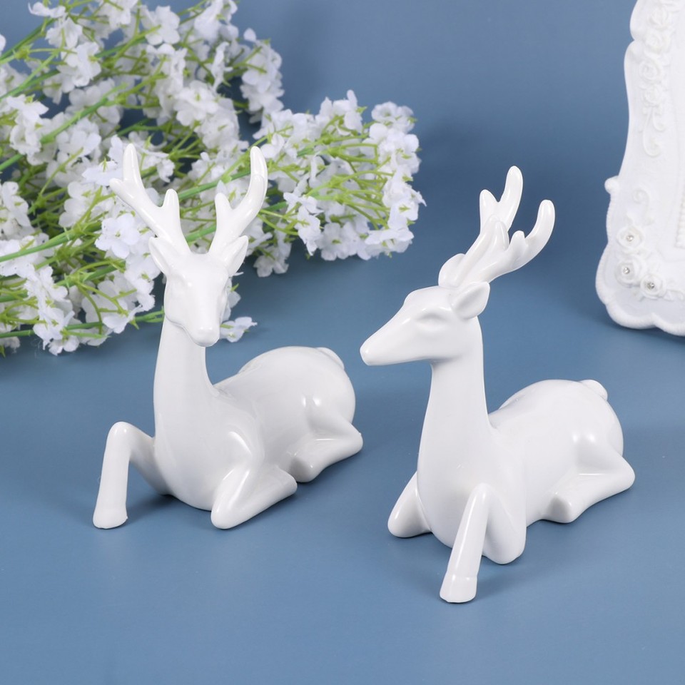 1 Pair White Ceramic Couple Deer Ornament Lifelike Decoration For Car ...