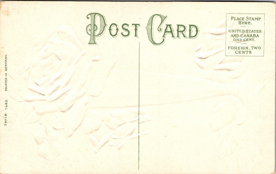 Postcard Best Wishes pink roses in etched glass vase with gilt ...