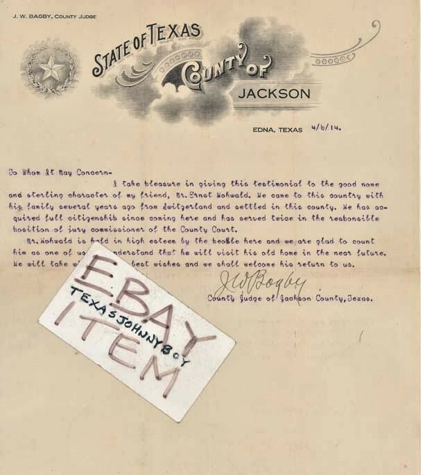 1914 letterhead J W BAGBY Edna Texas JACKSON COUNTY JUDGE signed LETTER | eBay