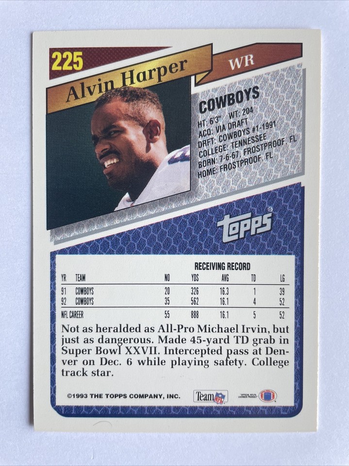 1993 Topps Gold Alvin Harper Dallas Cowboys #225 NFL Mint | eBay