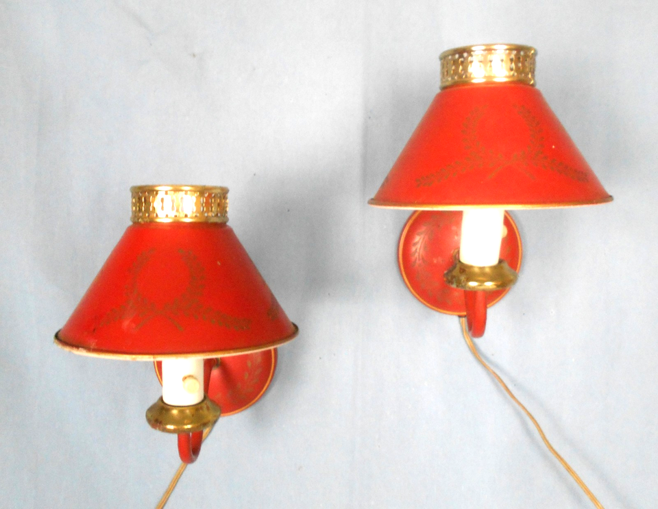 VINTAGE PAIR OF STENCIL DECORATED RED TOLEWARE WALL SCONCES | eBay