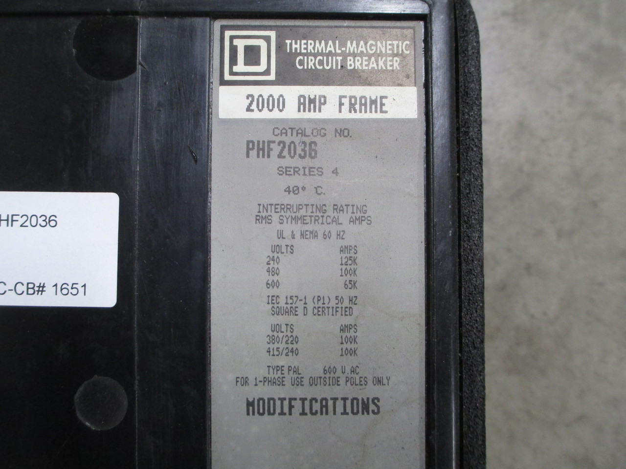 Sq D PHF2036 2000A Frame 1000A Rated 3P 600V Circuit Breaker MO/FM Used ...