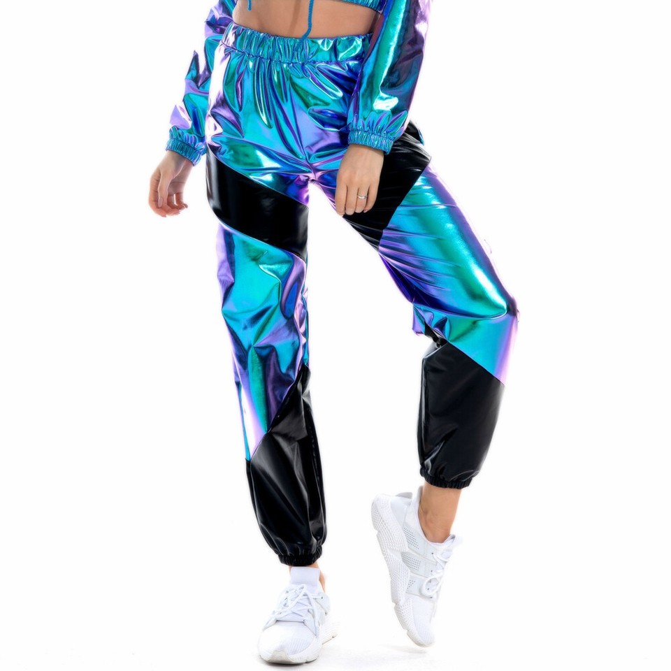 Women Reflective Long Pants Loose Holographic Trousers Shiny Jogger ...