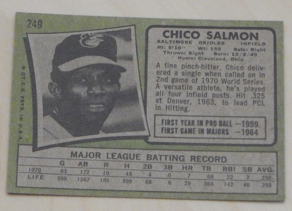 Topps 1971 Baltimore Orioles Chico Salmon #249 Baseball Card - Near ...