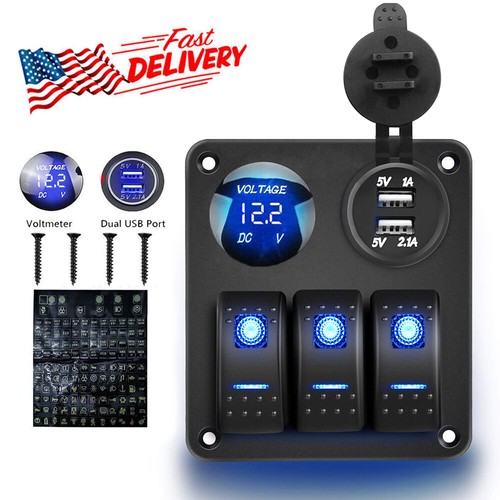 12V Switch Panel On-Off Toggle Dual USB Socket 3 Gang Car Boat Marine ...