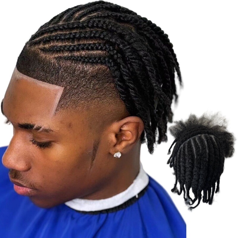 Afro Braids Toupee 8x10 Full PU Hairpiece for Black Men Topper Human ...