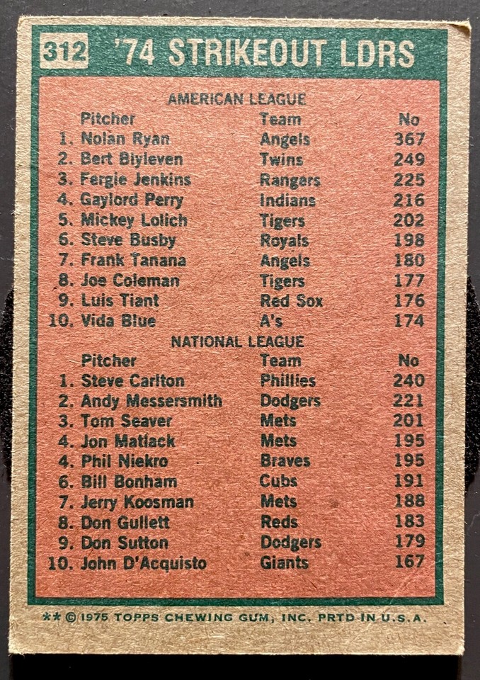 1975 Topps - League Leaders #312 Nolan Ryan, Steve Carlton Stikeout ...