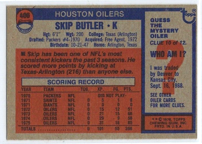 1976 Topps Football #406 - Skip Butler - Houston Oilers | eBay