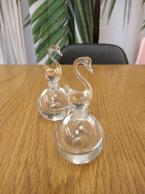 Rare Vintage Set Of 2 Clear Glass Swan Crystal Ball Round Perfume ...