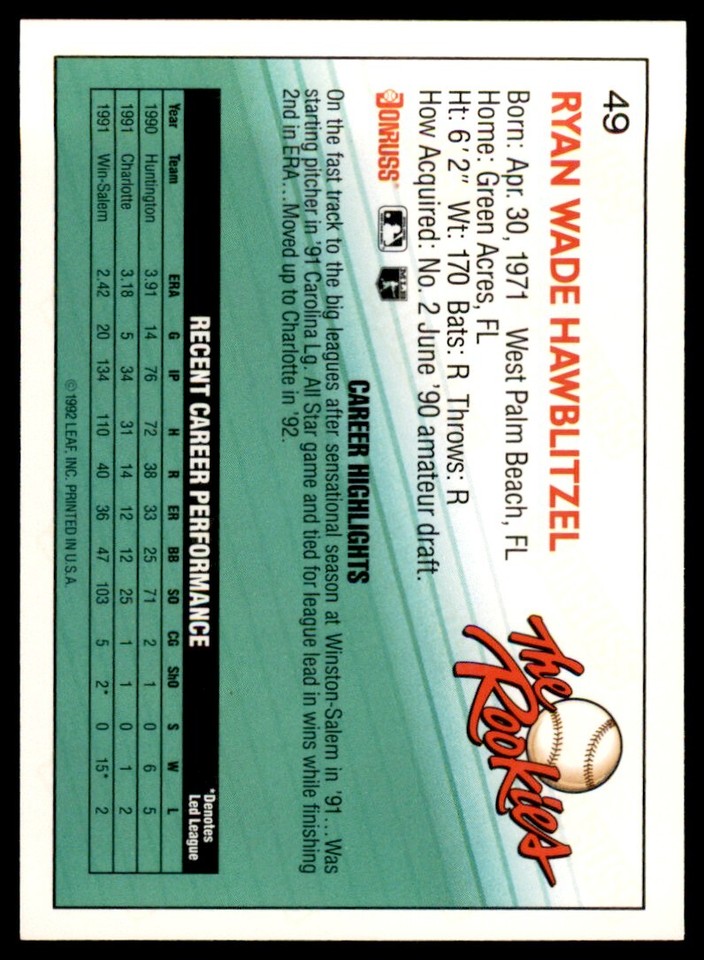 1992 Donruss The Rookies Ryan Hawblitzel Rookie . Chicago Cubs #49 | eBay