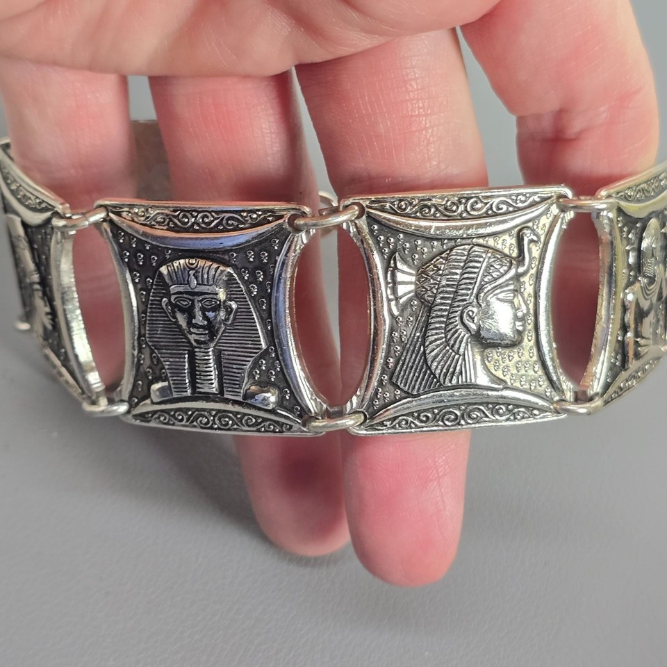 VTG Silver-Tone Egyptian Revival Link Bracelet W/ Pharaoh Sphinx ...