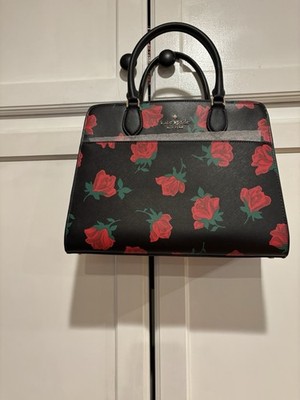 kate spade new york Black Floral Rose Satchel Handbag with Gold ...