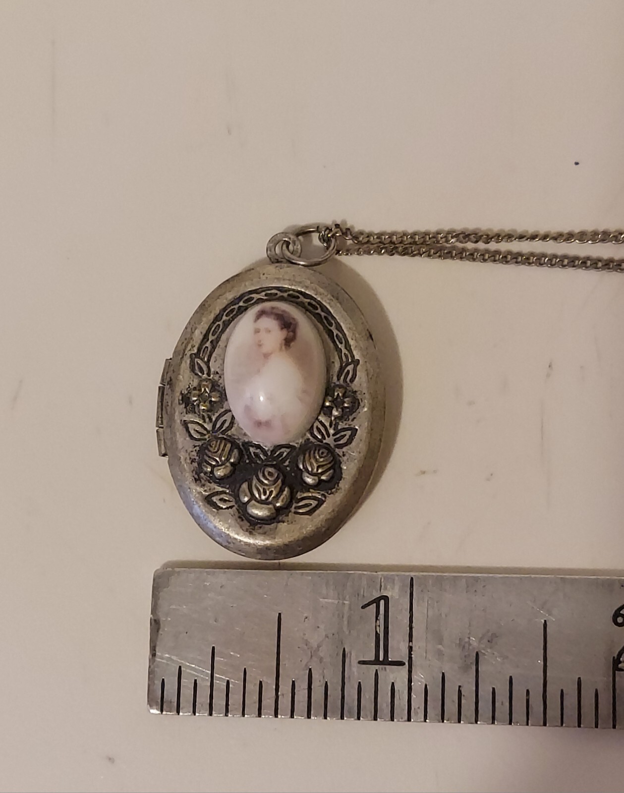Miniature Portrait Silvertone Locket Necklace - Gem
