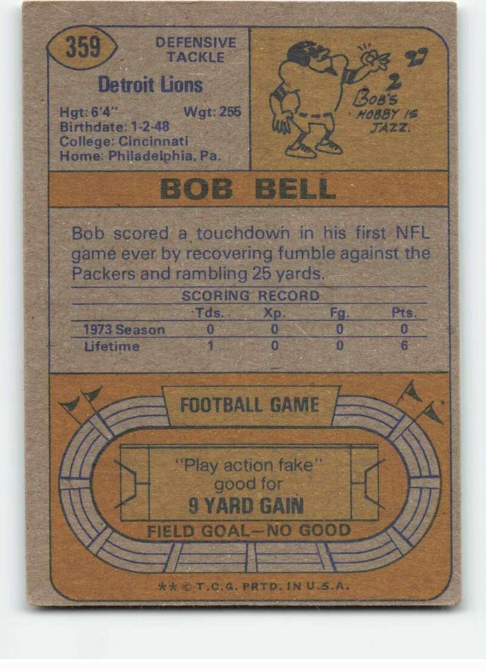 1974 Topps #359 Bob Bell G/VG Good/Very Good Lions | eBay