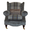 Wing Back Queen Anne Accent Chair Blue Tartan Seating Area & Plain Grey ...
