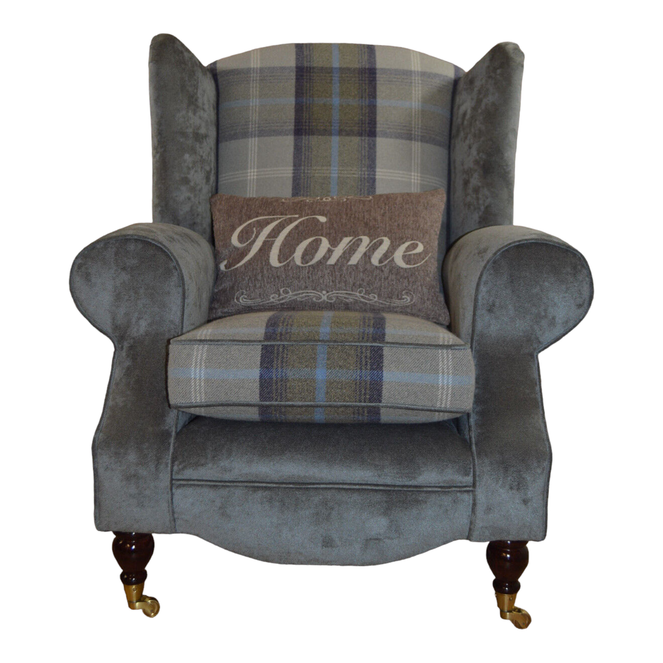 Wing Back Queen Anne Accent Chair Blue Tartan Seating Area & Plain Grey ...