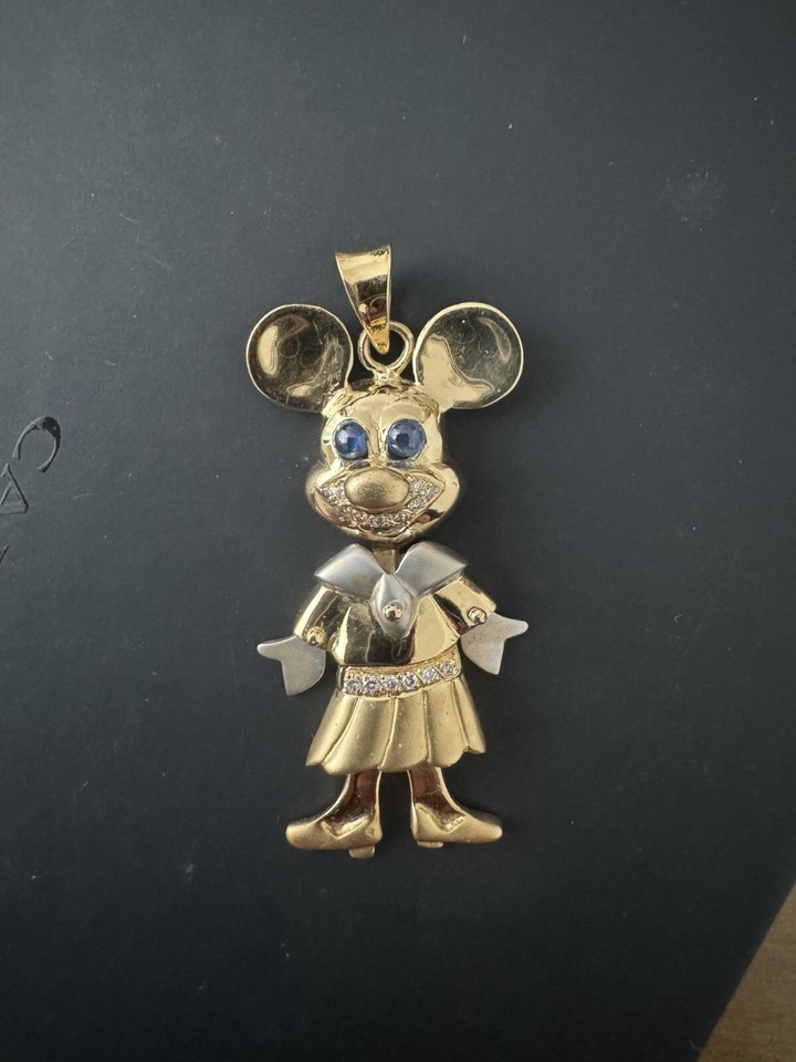 18k Minnie mouse pendant with diamonds & sapphires. Heavy (13.65 Grams ...