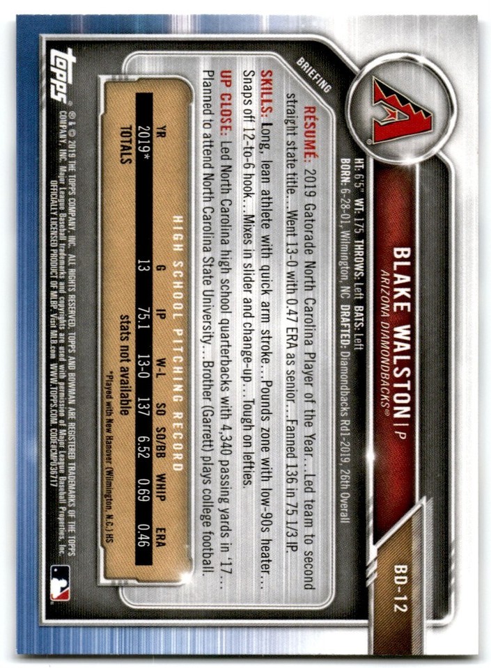 2019 Bowman Draft Blake Walston Arizona Diamondbacks #BD-12 | eBay