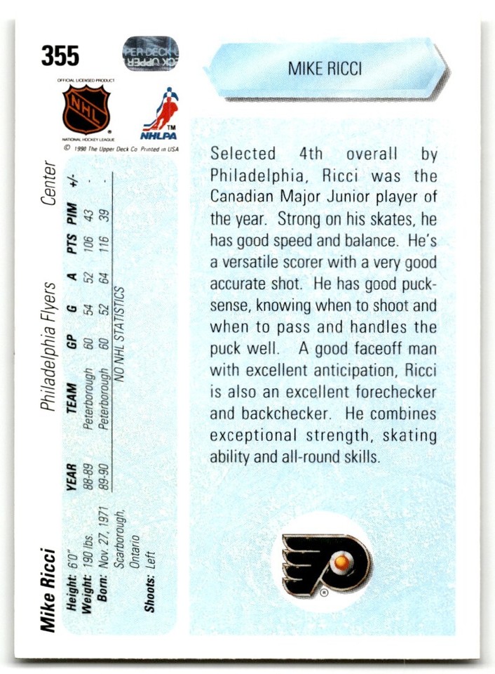 1990-91 UPPER DECK NUMBER 1 DRAFT MIKE RICCI RC PHILADELPHIA FLYERS ...