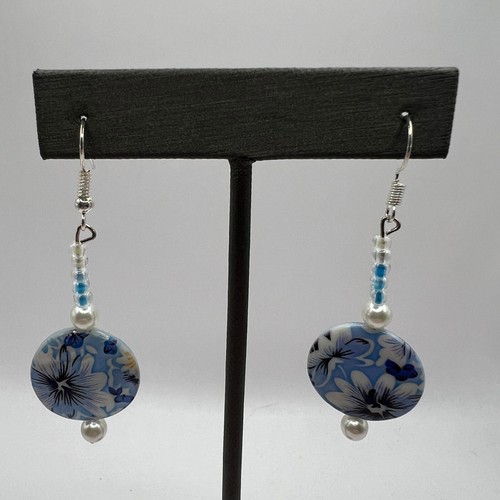 Dangle Porcelain Pierced Earrings Blue White Flowers Faux Pearl Beads ...