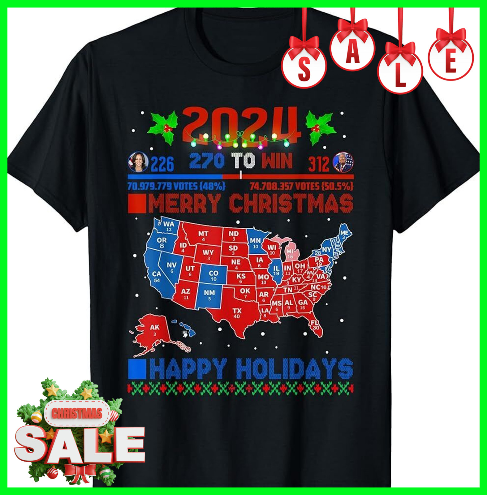 2024 Electoral Map Merry Christmas T-shirt - Gem