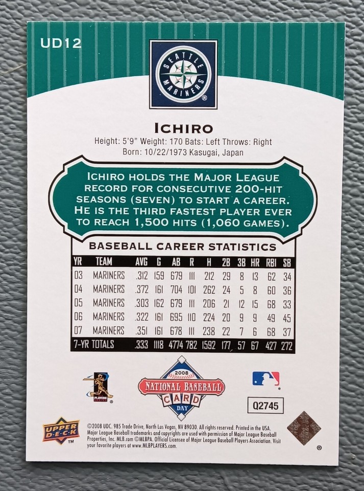 Ichiro 2008 Upper Deck Ichiro "National Baseball Card Day" Seattle ...