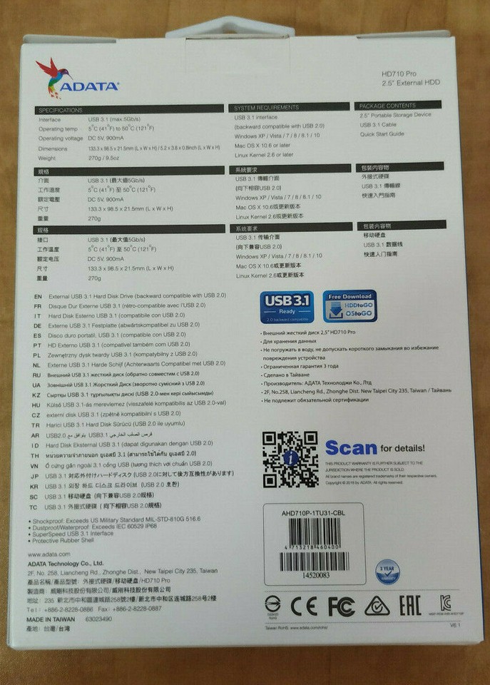 NEW ADATA HD710 Pro Blue External HDD 1TB IP68 Waterproof Shockproof ...