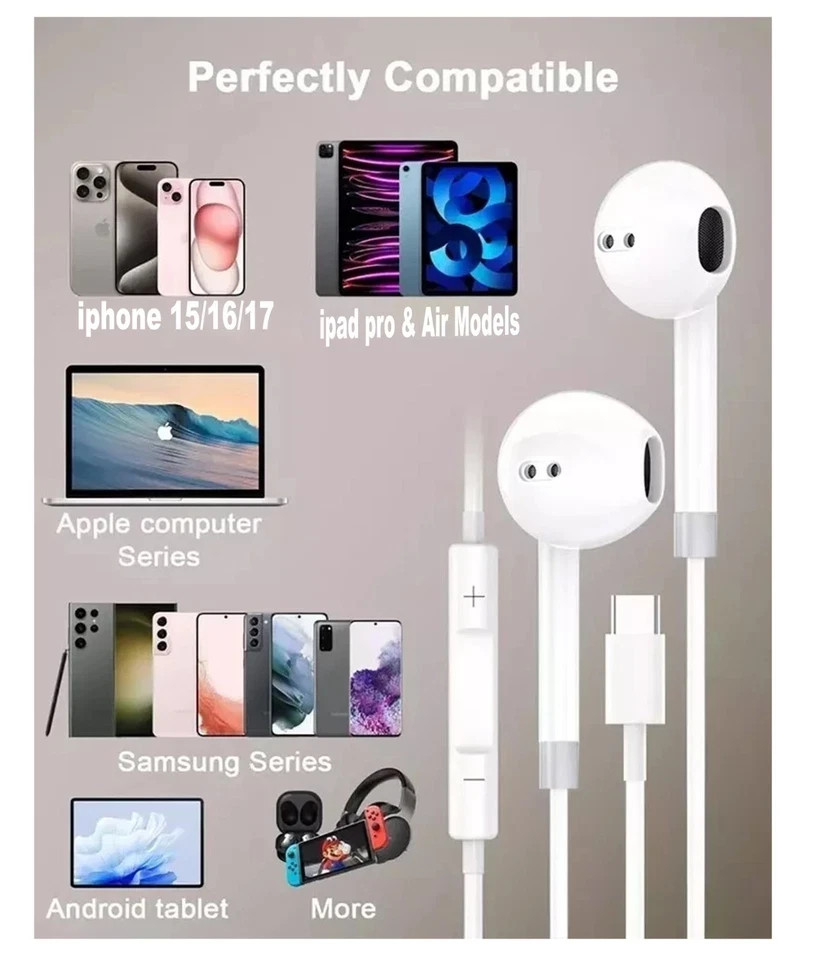 USB C Earphones & Microphone Volume Control Wired Earbuds For Samsung ...